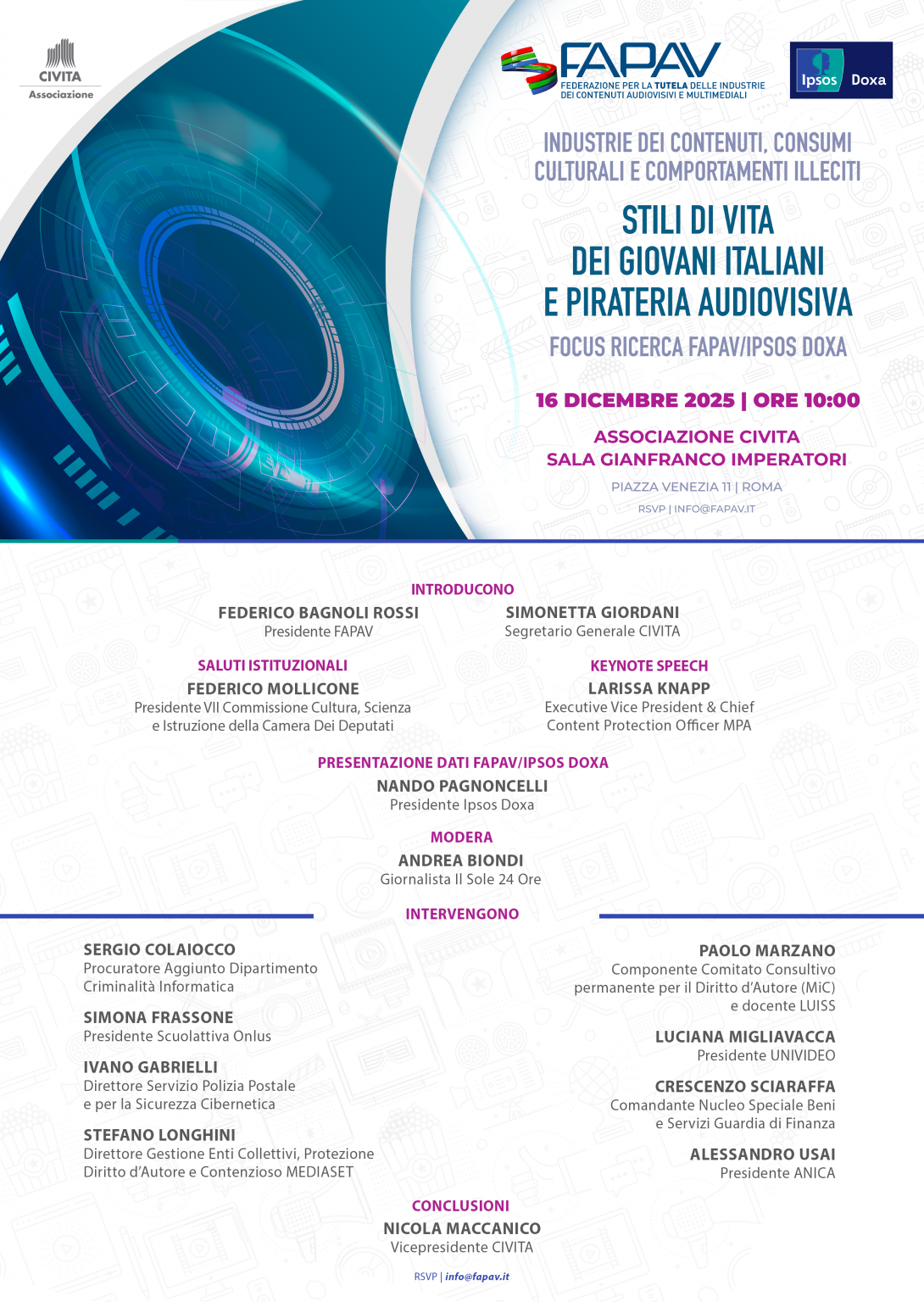 Giovani e pirateria audiovisiva, 16 dicembre evento FAPAV/Ipsos